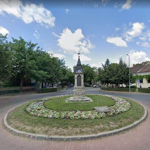 Over-100-year-old clock tower in a roundabout in Sopron, Hungary ...