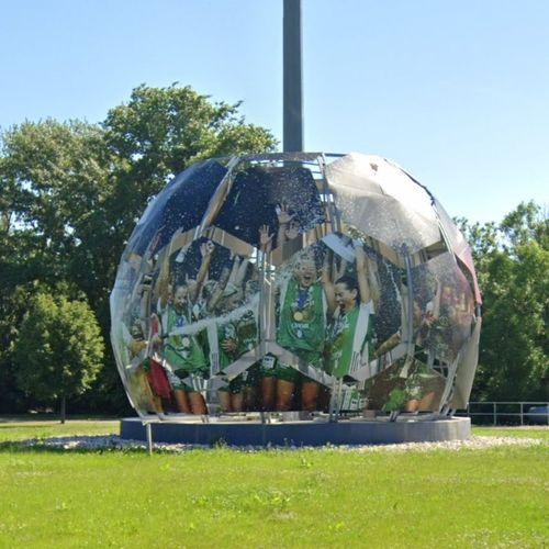 Giant handball in a roundabout in Győr, Hungary (Google Maps)