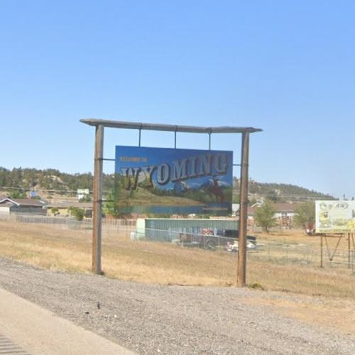 Welcome to Wyoming sign in Pine Bluffs, WY (Google Maps)