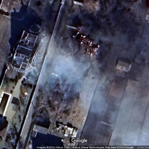 Burning buildings in Hostomel, Ukraine (Google Maps)