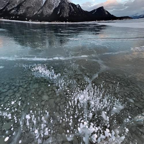 Frozen bubbles on Abraham Lake in Jasper National Park, Canada (Bing Maps)