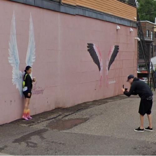 Angel with pink boots in Hudson, WI (Google Maps)