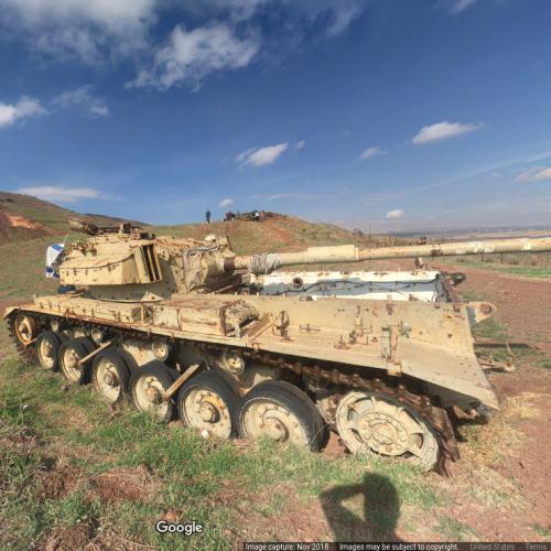 Destroyed Israeli Sho't Kal tank in Ein Kinya, Israel (Google Maps)