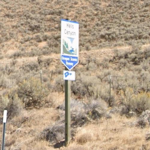 Hells Canyon Scenic Byway sign in Baker City, OR (Google Maps)