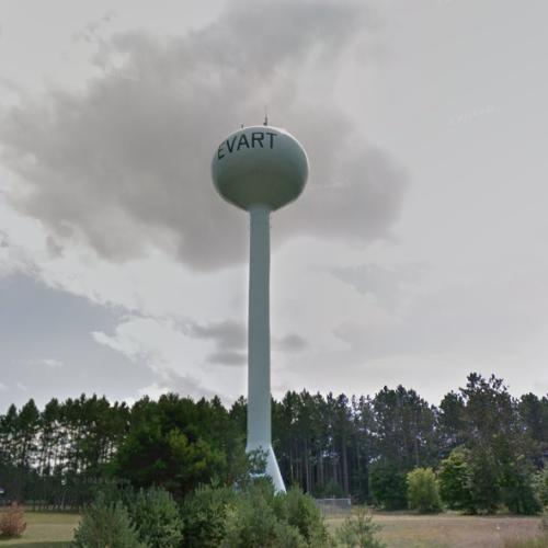 Evart water tower in Evart, MI (Bing Maps)